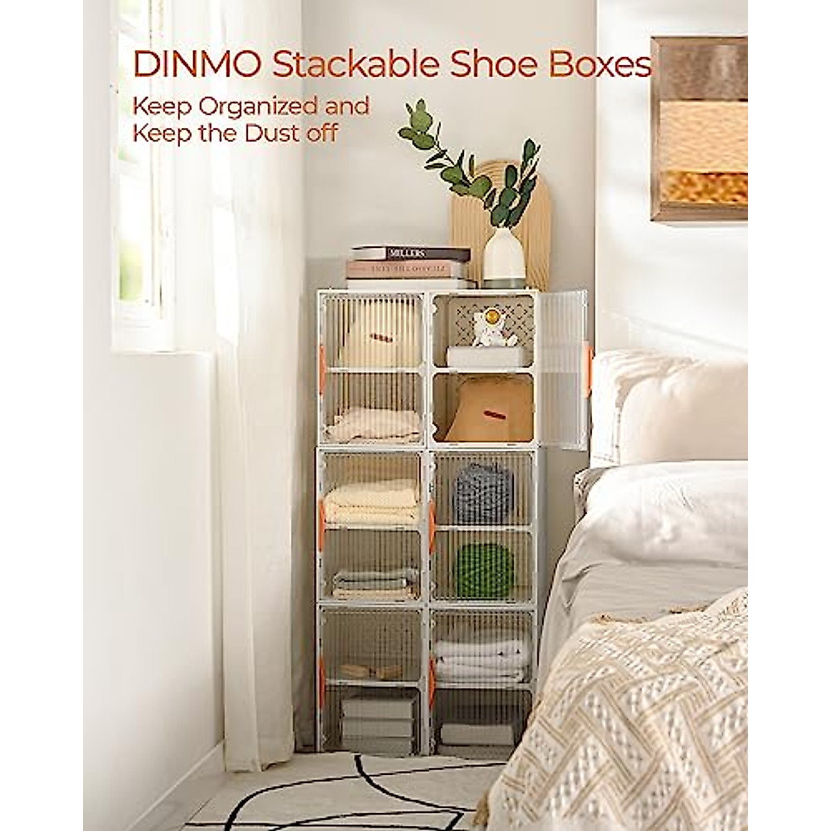 DINMO 6 Packs Shoe Box with Dividers, 12 Pairs, Clear Shoe Storage Organizer, Space Saving for Closet, Visualization, Foldable, White Transparent