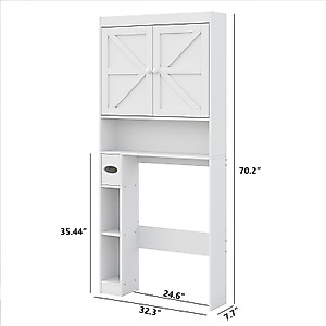 furomate Over The Toilet Storage Cabinet with Shelves and Doors, 32.3''W Free Standing Toilet Shelf Space Saver with Anti-Tip Design and Adjustable Bottom Bar, White