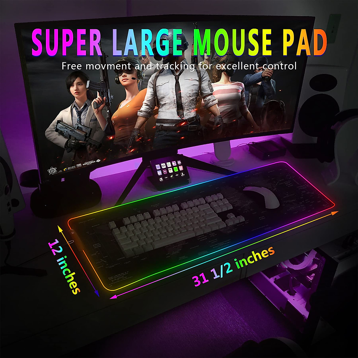 31.5"X12" Large Gaming Mouse Pad for Desk, RGB Mouse Pad with 11 Lighting Modes, Quality World Map Mouse Pad with Durable Strip Lighting, Waterproof LED Mouse Pad with Non-Slip Rubber Base