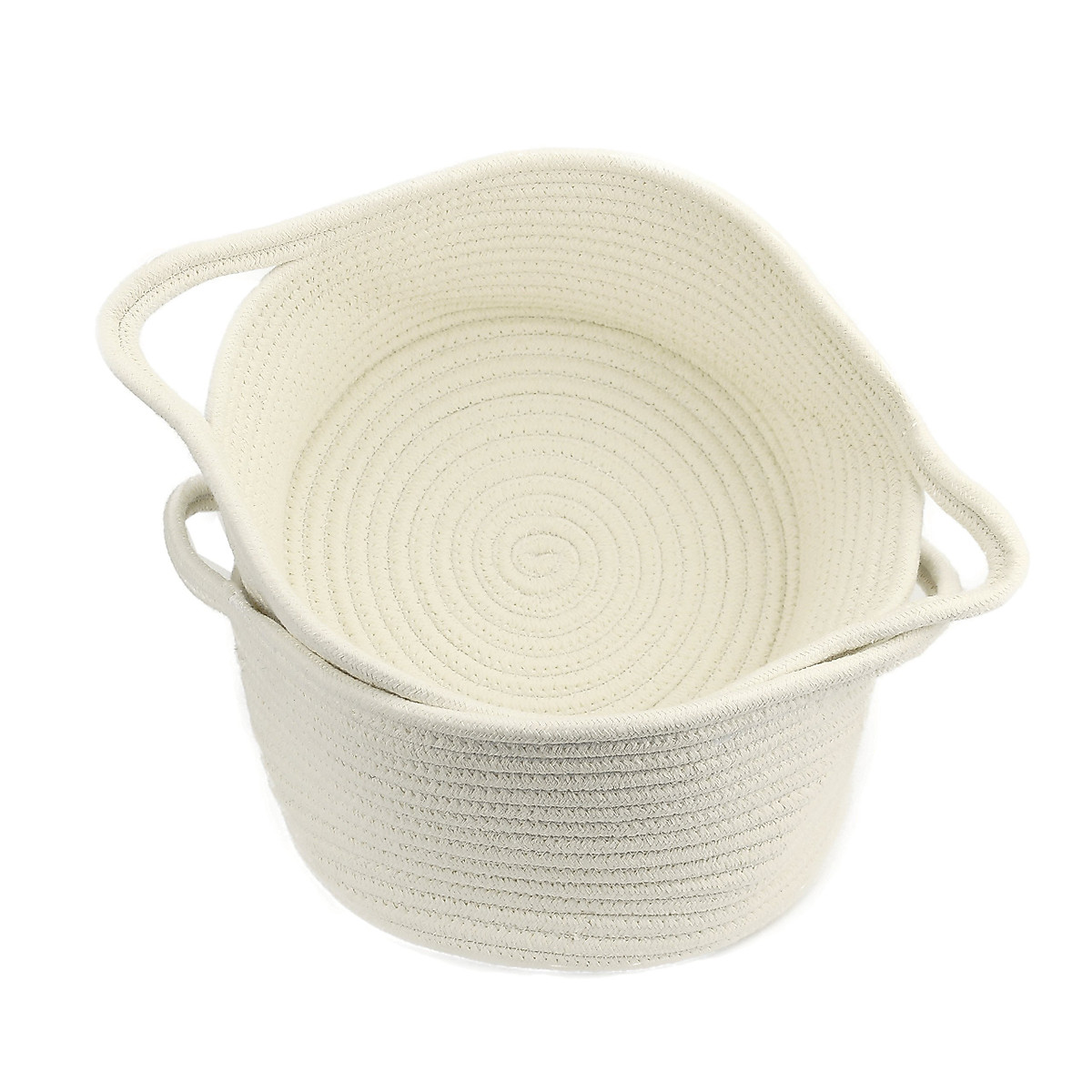 Orino Natural Two Small Cotton Rope Storage Basket with Handles Soft Durable Laundry Toy Pet Storage Nursery Home Decorations Bin (11.81x10.23x6.23 inch, Medium, Off White)