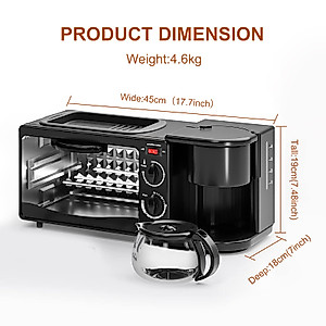 Breakfast Station, Toaster with Frying Pan, Portable Oven Breakfast Maker with Coffee Machine, Non Stick Die Cast Grill/Griddle for Bread Egg Sandwich Bacon Sausages (Bright Black)