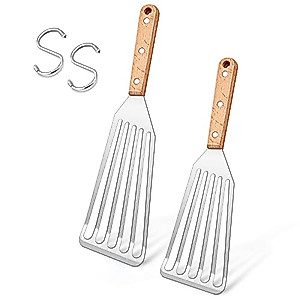 Joyfair Fish Spatulas Set, 2Pcs Metal Slotted Turner with Wooden Handle for Grilling Frying, Stainless Steel BBQ Flipper Spatula for Griddle Flattop, Thin Edge for Easy Turning & Flipping Pancake Meat