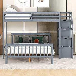 Harper & Bright Designs Twin Over Full Bunk Bed with Staircase, Wooden L Shaped Bunk Beds for Kids, Twin Loft Bed with Storage Drawers and Full Platform Bed, No Box Spring Needed (Gray)