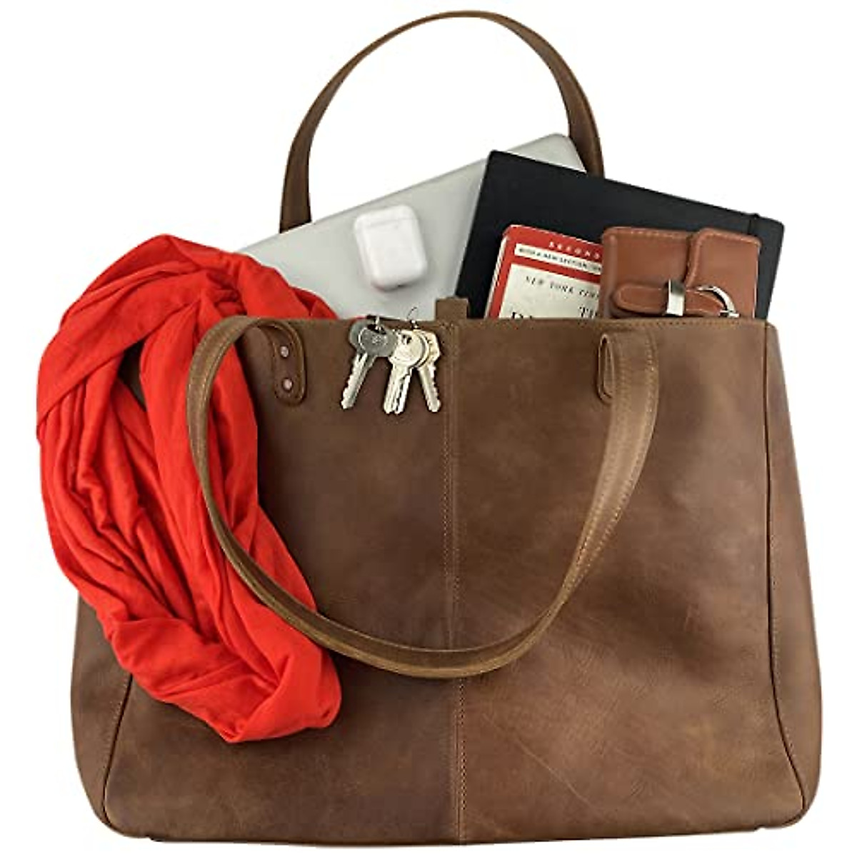 Hide & Drink, Formal Tote Bag Handmade from Full Grain Leather - Durable, Natural, Washable, Long Lasting - Large and Spacious, Versatile, Everyday Travel, Shopping, Minimalist Style - Bourbon Brown