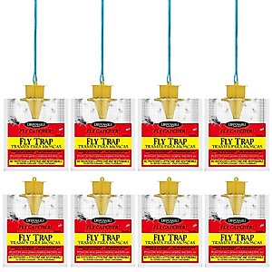 Outdoor Fly Traps 8 Pack with Adjustable Hanging Strings (8 PCS), Disposable Hanging Fly Traps with Natural Pre-Baited Bags | Effective Fly Killer for Backyard, Patio, Park or Farm Red