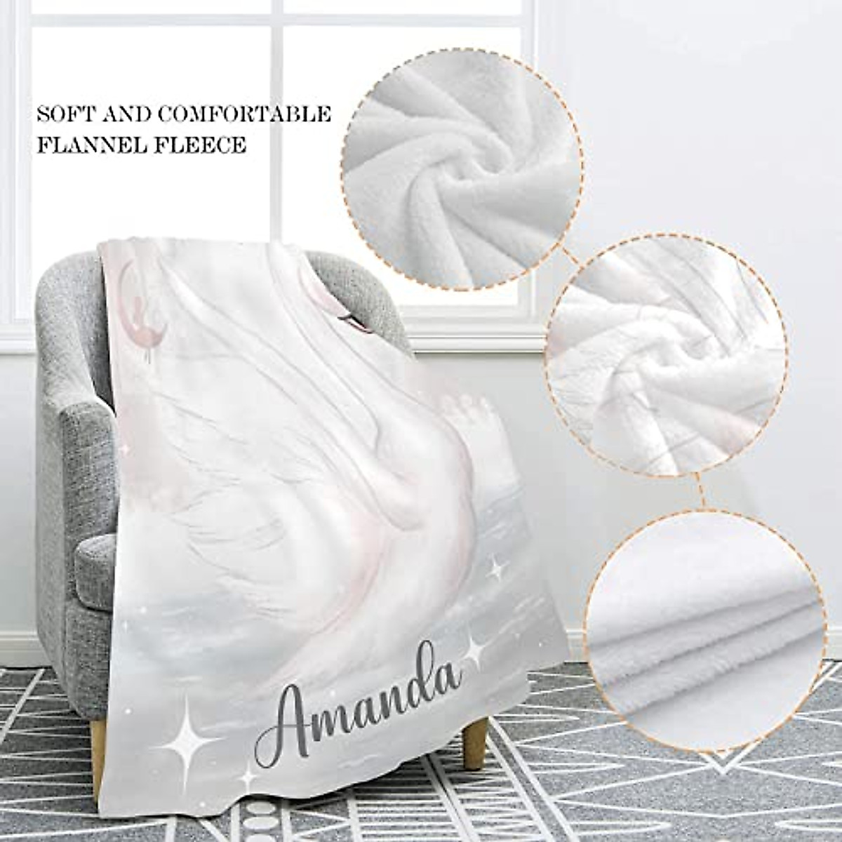 Artistic Swan Personalized Name Soft Fleece Bed Blankets Throws as Birthday Wedding Gifts for Sofa Couch 50'' x 60''
