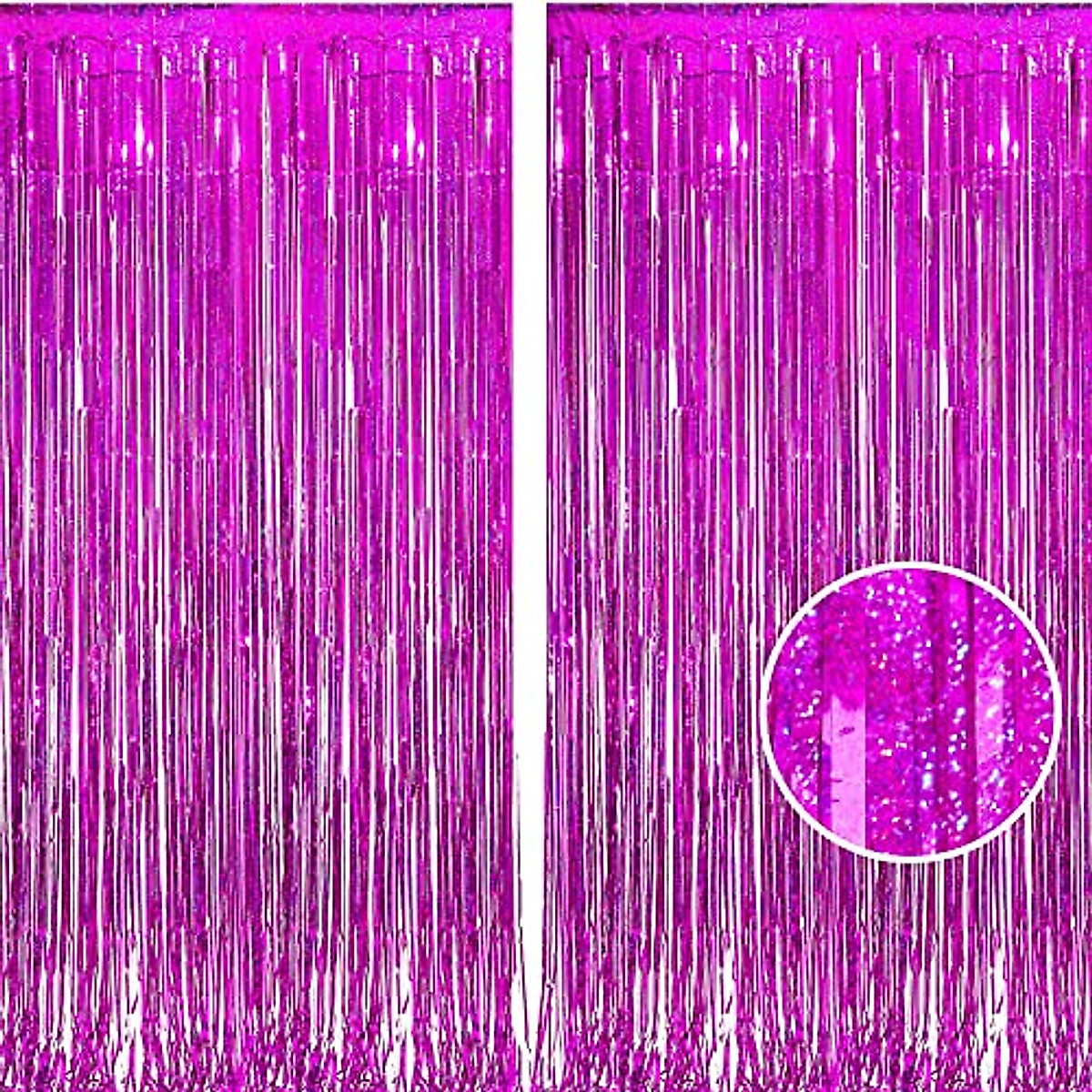 BRAVESHINE Hot Pink Glitter Tinsel Foil Fringe Curtains - 2Pcs 3.2x8.2ft Metallic Party Streamers Backdrop for Birthday Valentines Wedding Bridal Shower Tropical Hawaiian Flamingo Theme Decorations