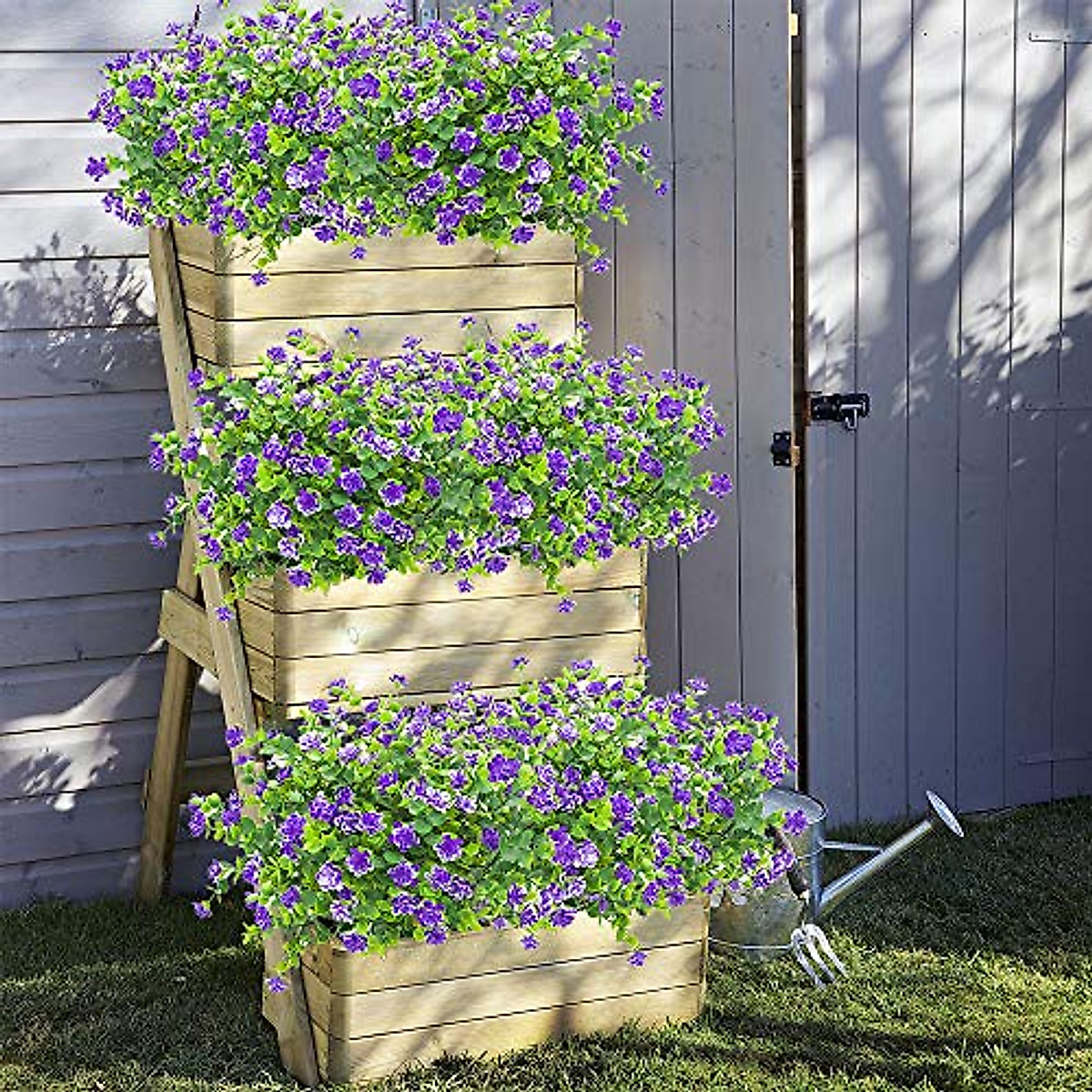 Grunyia 10 Bundles Artificial Fake Flowers, Faux Outdoor Plastic Plants UV Resistant Shrubs Outside Indoor Decorations (Blue-Eucalyptus)