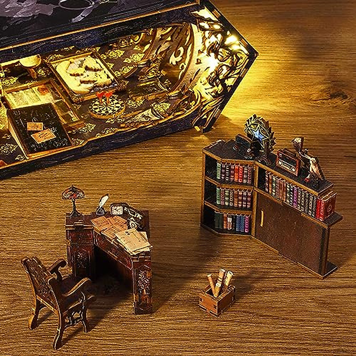 DIY Book Nook Kit, 3D Wooden Puzzle Booknook, Dollhouse Miniature Detective Agency Kits, Bookshelf Insert Decor Alley with LED Light, Assembled Bookends Crafts for Kids/Adults