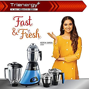 Usha Trienergy+ 800 Watt Powerful 100% Copper Motor 4 Jar Mixer Grinder with Unique QuadriFlow Square Blender Jar for Faster Grinding and Smooth Blending || 5 Years Warranty on Motor (Blue)