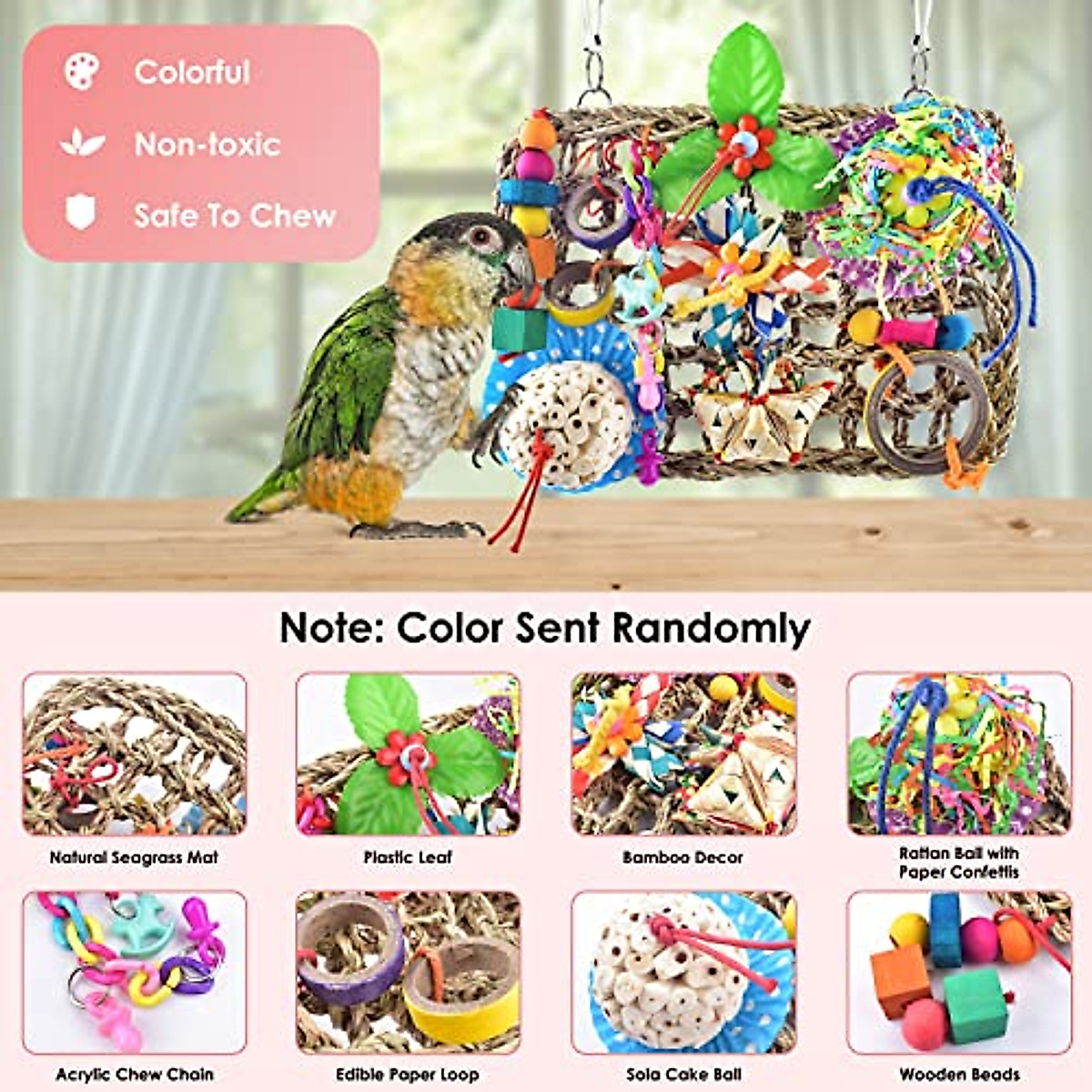 KATUMO Bird Toys, Small Parrot Foraging Toys Parakeet Climbing Mat with Toys Bird Chew Toys for Conure, Cockatiel, Lovebird, Parakeet and More Small Birds