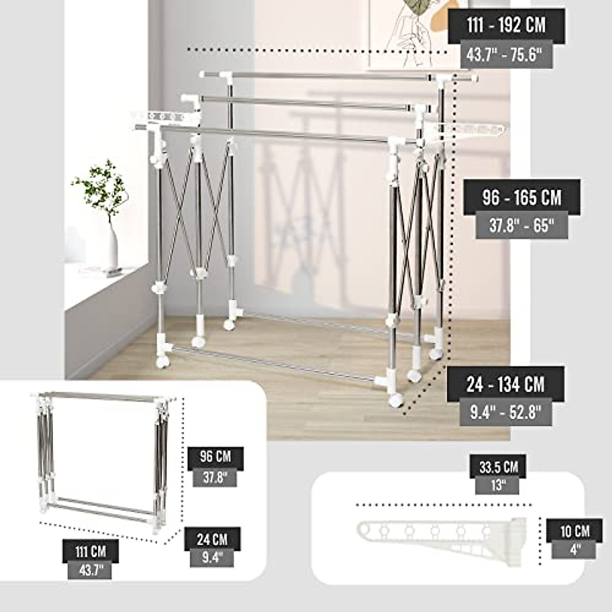 Todeco Clothes Drying Rack, Foldable Stainless Steel Laundry Drying Hanger Rack on Wheels for Laundry with Extendable Rods and Hanging Rail for Indoor Outdoor