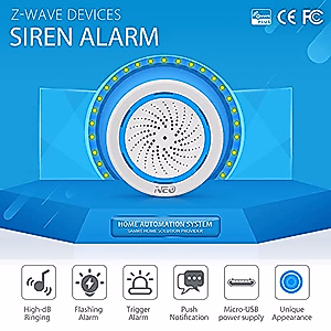 Z-Wave Plus Siren Alarm with Strobe alerts, NEO Smart Siren, Support USB Charge and with Back up Battery Works with SmartThings, Blue