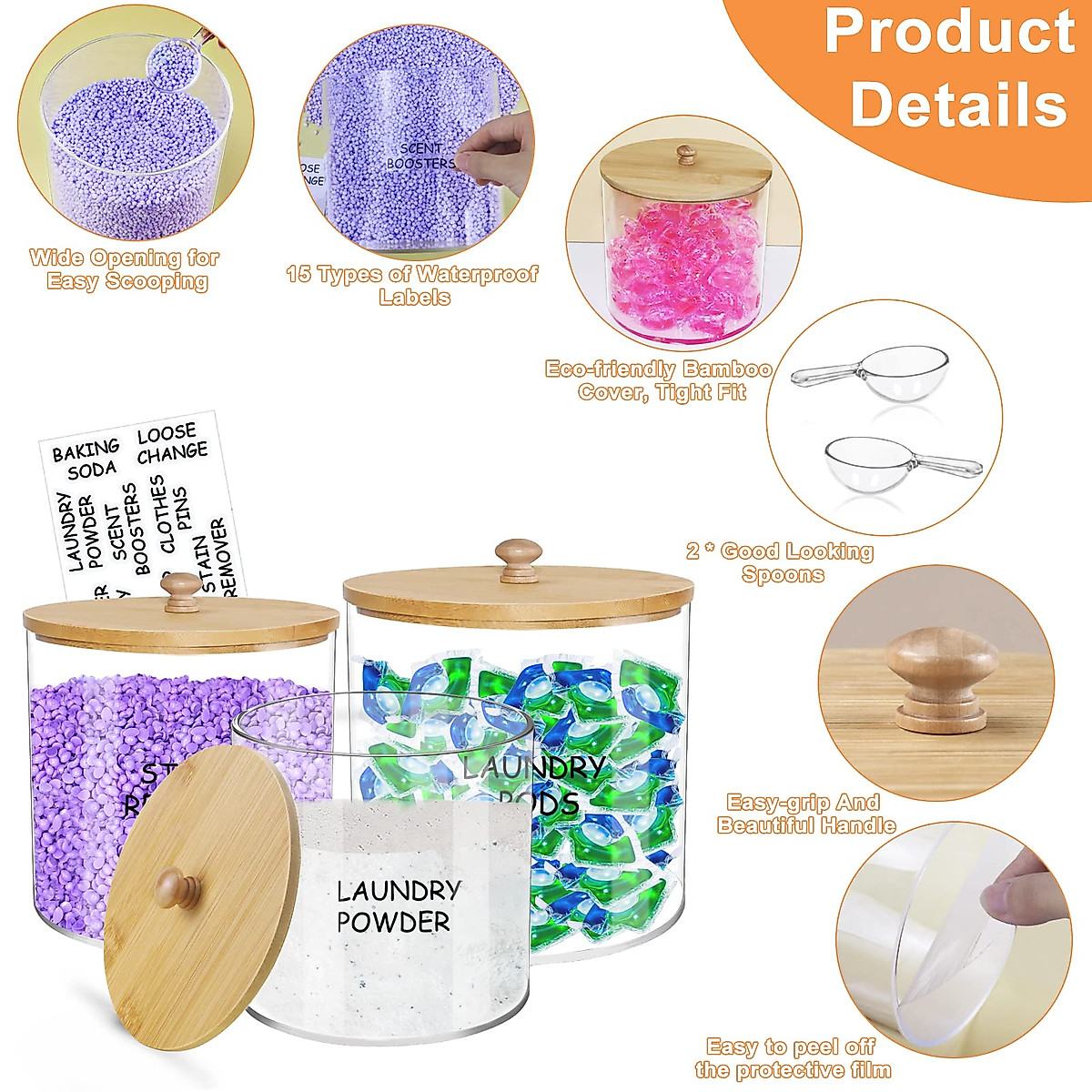 Large Capacity Laundry Room Organization Jars, 3 Pcs Acrylic Laundry Detergent Container with 2 Scoops & Labels, Clear Laundry Jars for Powder, Dryer balls, Pods,Scent Boosters, Laundry Room Storage