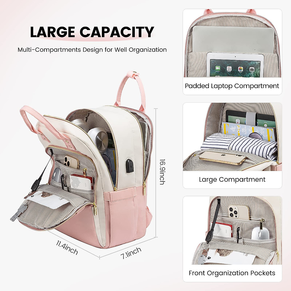 LOVEVOOK Laptop Backpack Purse for Women, 15.6 Inch Waterproof Work Laptop Bag, Large Teacher Nurse Bag with USB Port, Business Travel Computer Backpack, Beige-Pink
