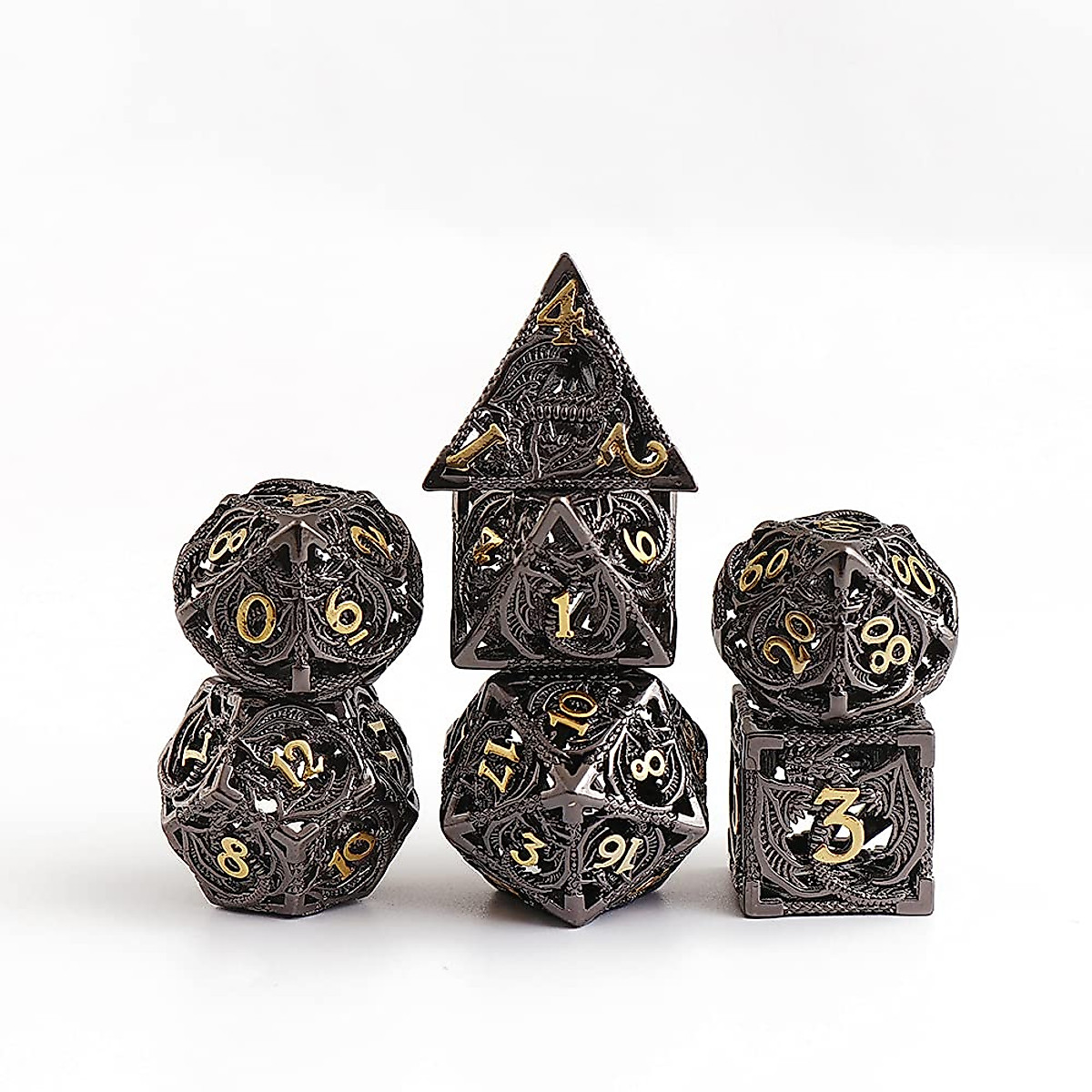 Hollow Metal D&D Dice Set with Gift Box, DND Role Playing Game D20 D12 D10 D8 D6 D4 Polyhedral Dice Set for Dungeons and Dragons Pathfinder Shadowrun Math Teaching RPG, Black Gold