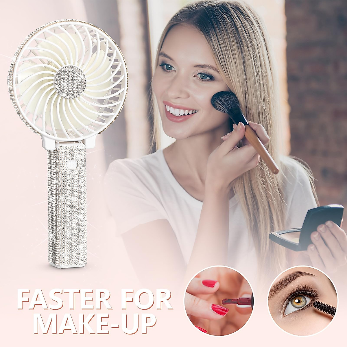 Mudder Crystal Bling Rhinestone Mini Handheld Fan Portable Usb Rechargeable Fan Battery Operated Small Folding Personal Fan for Girls Women Outdoor Travel Indoor Makeup Office (White,Classic Style)