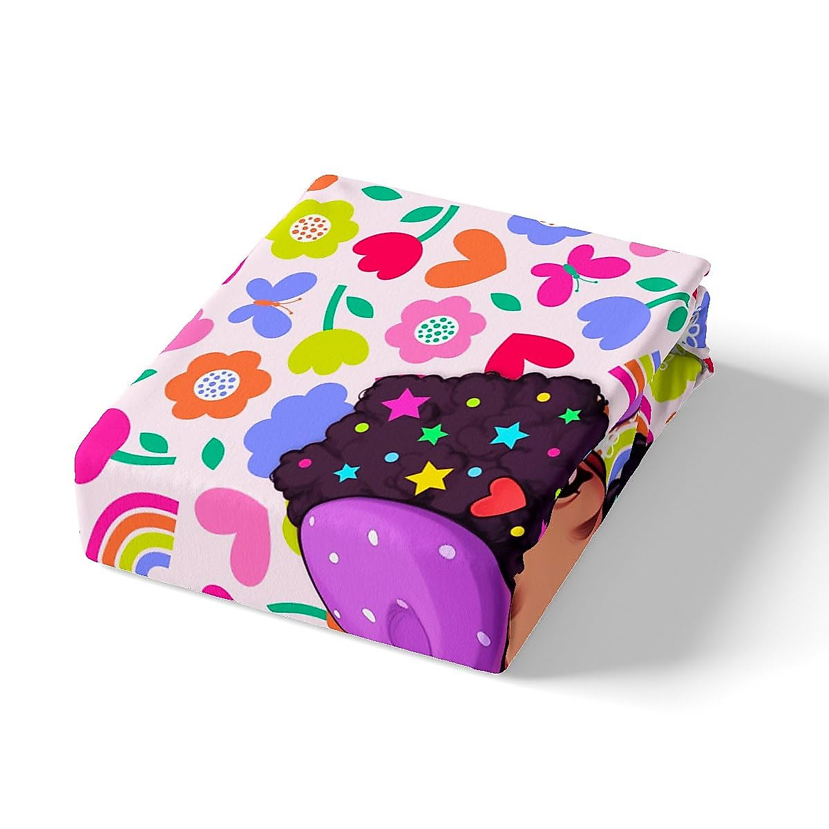 Black Girls Fitted Sheet Twin Size,Princess Girl Pink Diamond Glitter Pattern Bedding Set,Cute African Style Americans Bed Sheet Kids Teens Cartoon Colorful Flower Deep Pocket Sheet,1 Pillowcase