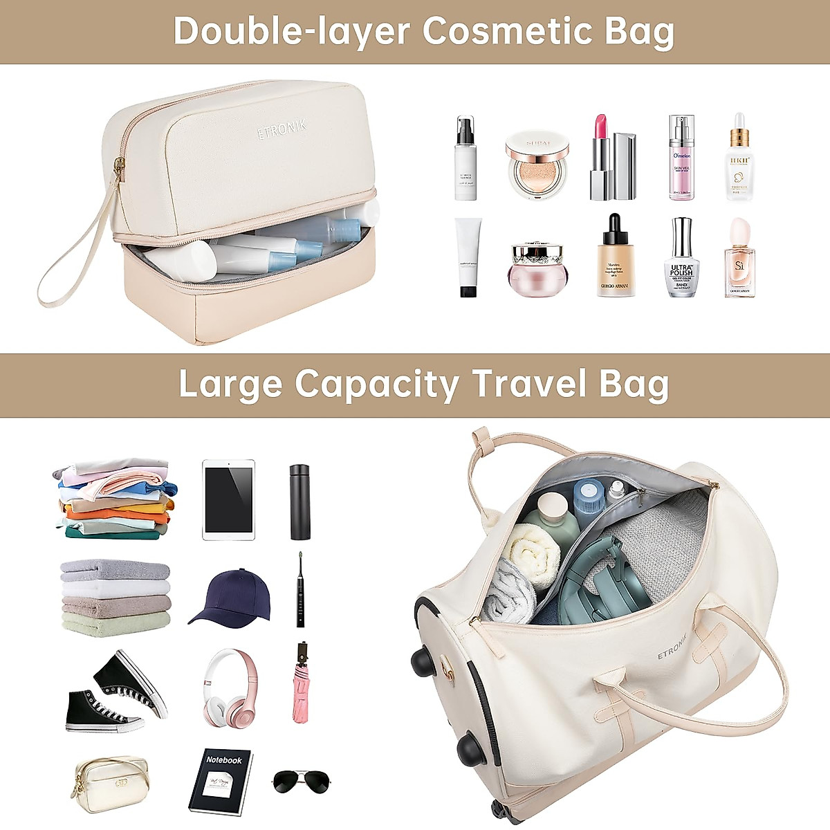 ETRONIK Rolling Duffle Bag with Wheels, 21 Inch Carry on Bag for Airplanes with Shoes Compartment, Canvas Weekender Overnight Bag for Women with Toiletry Bag, Beige