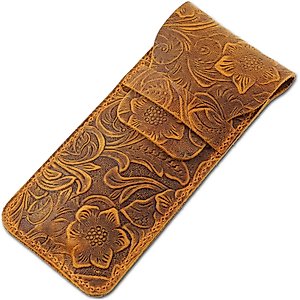 Q1T5 Handmade Genuine Leather Pen Pouch, Vintage Pencil Carrying Sleeve Crazy Horse Leather Pen Protective Bag Carving Style Brown