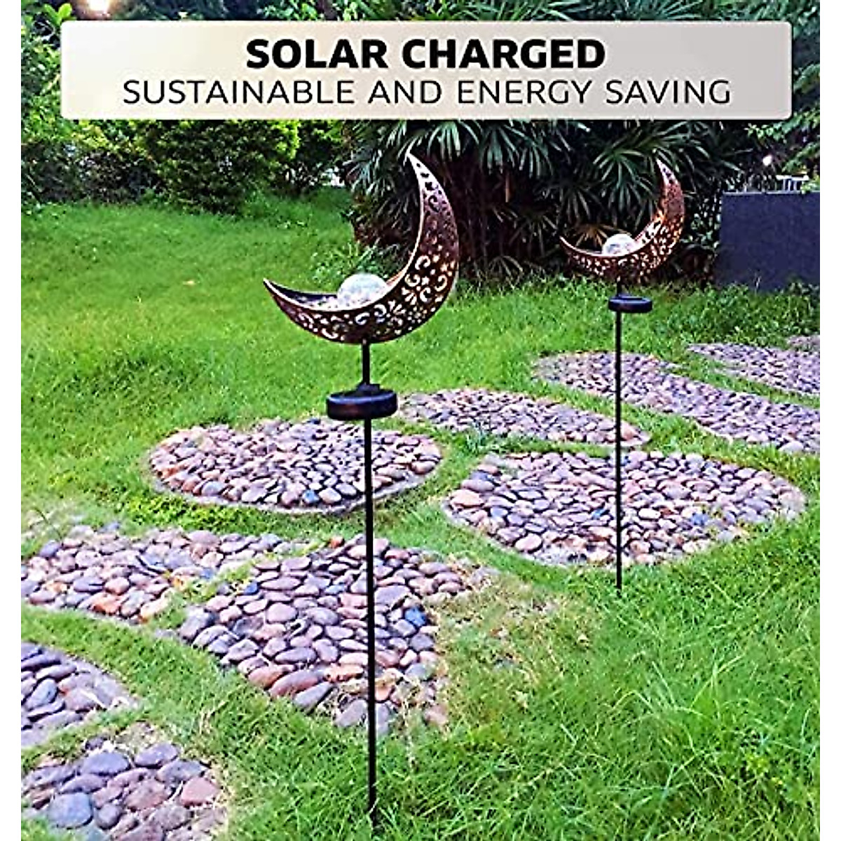 XVZ Solar Moon Crackle Glass Globe Stake Metal Lights, 2 Pack Solar Powered Garden Decorations,Waterproof Outdoor Decorations for Walkway,Pathway,Lawn,Lawn,Patio or Courtyard