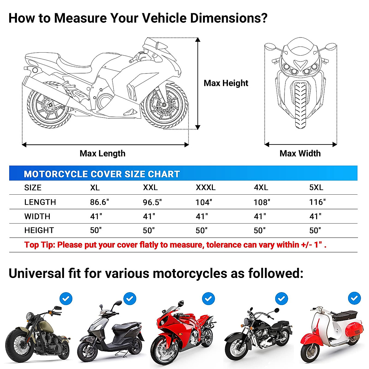 Favoto Motorcycle Cover All Season Universal Weather Quality Waterproof Sun Outdoor Protection Night Reflective with Lock-Holes & Storage Bag Fits up to 96.5" Motorcycles Vehicle Cover