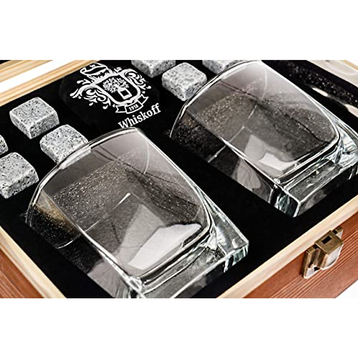 Whiskey Glass Set of 2 - Old Fashioned Whiskey Includes Square Crystal Whiskey Glasses, Chilling Rocks, Slate Coasters - Bourbon Glass set Old Fashioned - Birthday gifts men women, 40th birthday, 50th