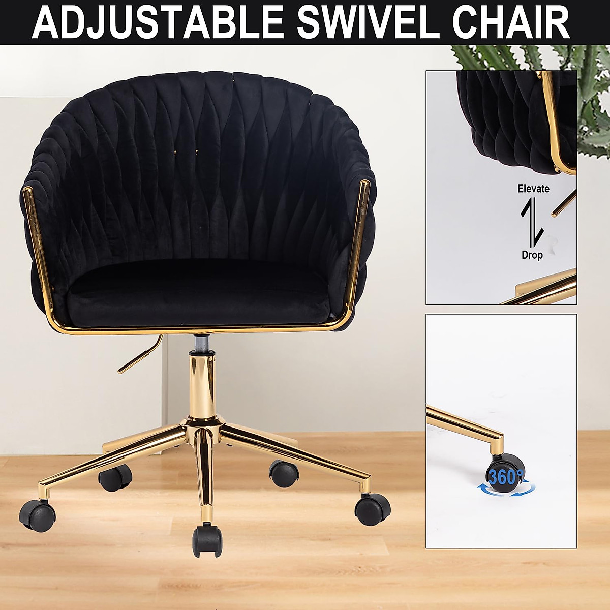 linting Velvet Accent Chair Home Office Desk Chairs with Wheels Modern Mid Back Swivel Vanity Chair Armchair, Adjustable Makeup Chair (Black)