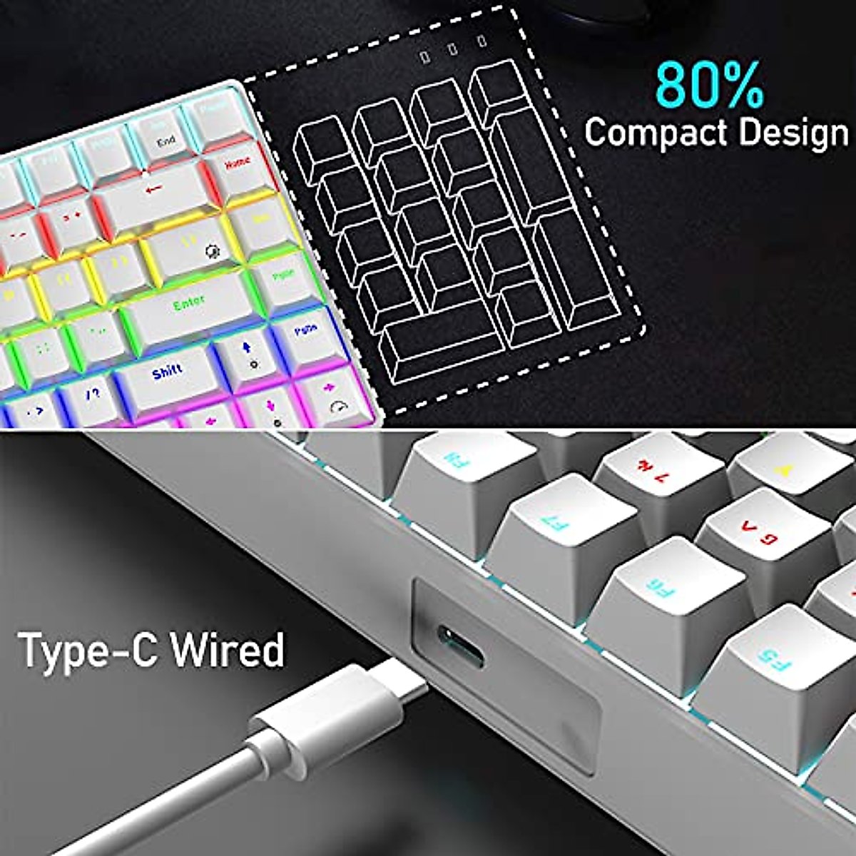 Mechanical Gaming Keyboard and Mouse Combo with 20 Rainbow Backlight 84 Key Anti-ghosting Ergonomic Waterproof Type-C Wired 2400 DPI Honeycomb Mice for PC Mac Gamer Computer Typist(White/Blue Switch)