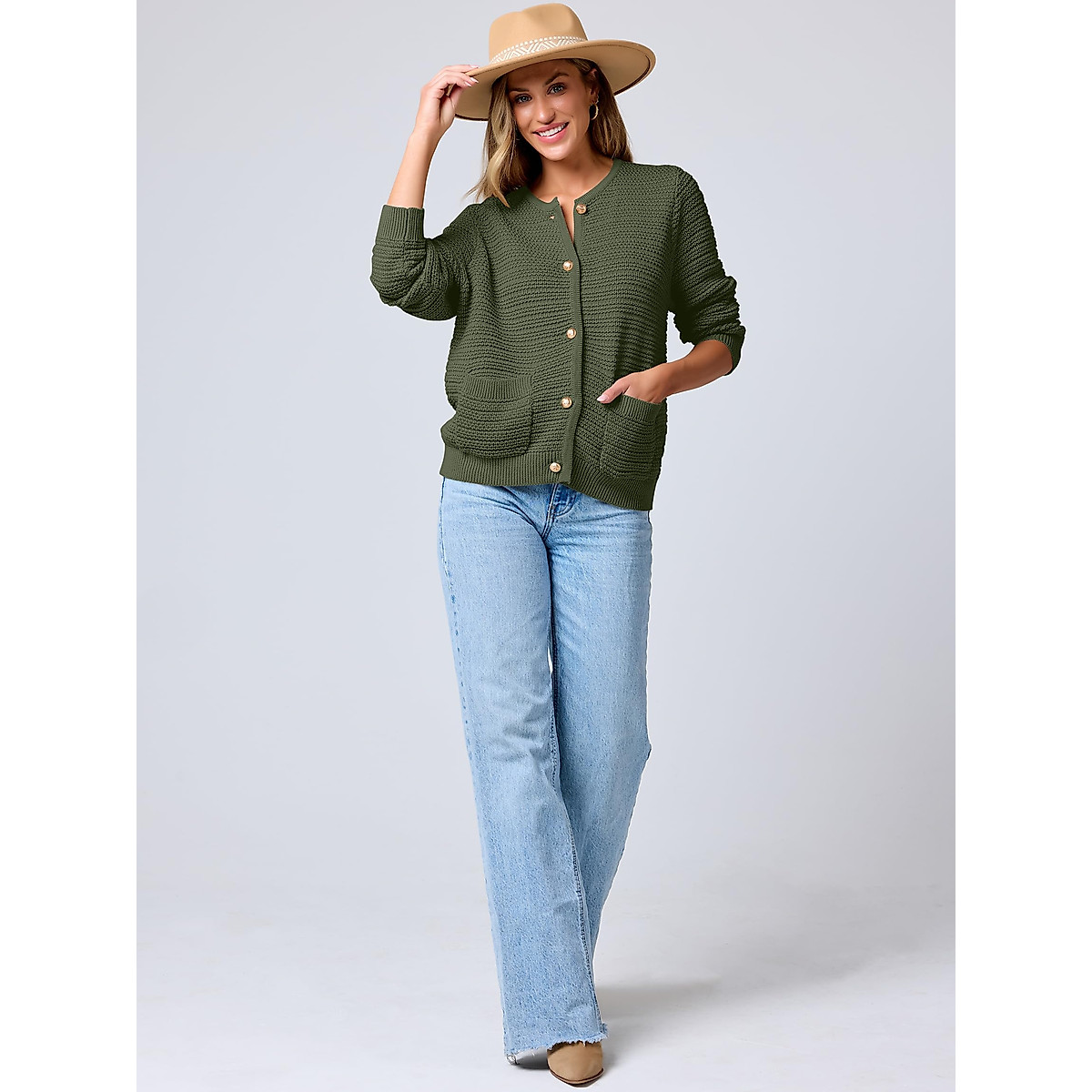 ANRABESS Women's Tweed Knit Cardigan Sweater Casual Long Sleeve Cropped Button Down Lady Jackets 2025 Spring Fashion Outwear Army Green Medium