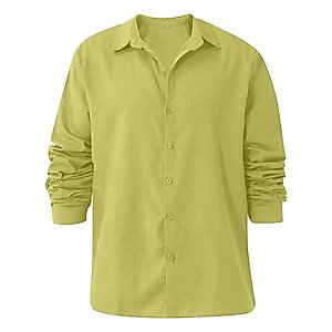 Men's Linen Button Down Shirts Casual Long Sleeve Summer Beach Shirt Tops Lightweight Solid Color Loose Fit Shirt (Yellow 2,XX-Large)
