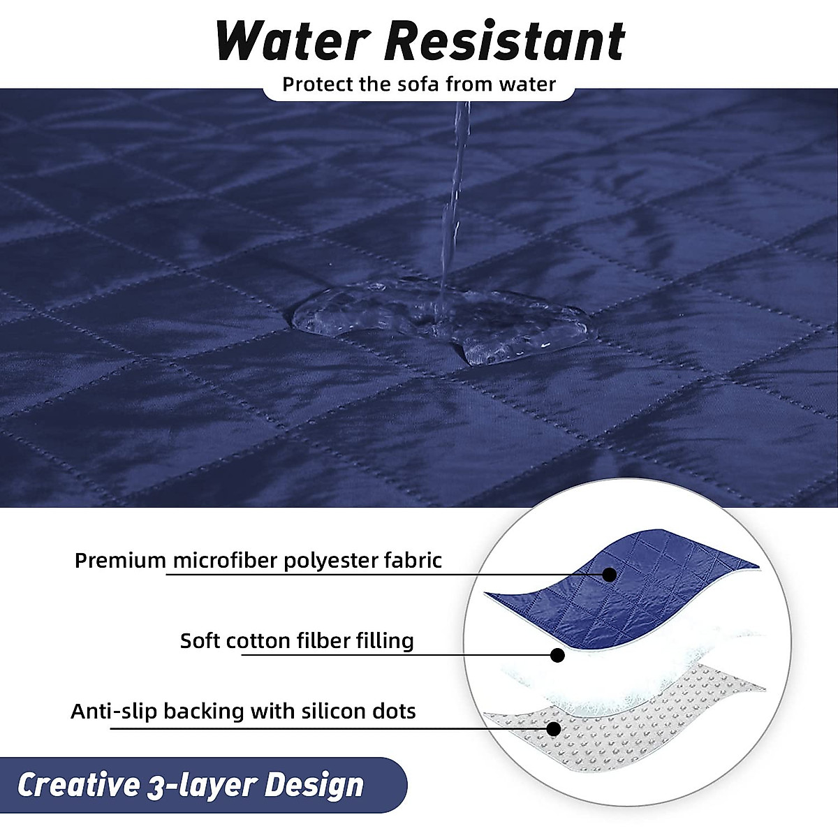 Arfntevss Corner Sectional Couch Covers 3-Piece Water Repellent L Shape Sofa Cover Set Quilted Anti Slip U-Shaped Sofa Slipcovers Living Room Furniture Protector for Pet Dog Cat (Navy Blue, Large)