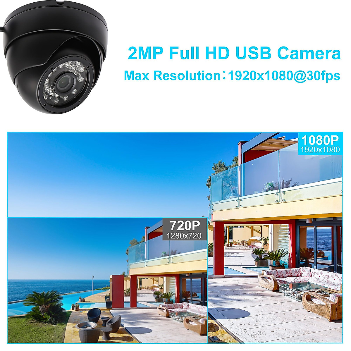 Hotpet 2MP USB Camera H.264 1080P Webcam Day Night Vision Indoor Outdoor Dome Camera 0.01LUX Low Illumination Home Security Camera with 24pcs IR LED for Windows Mac Linux Android