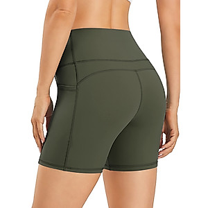 AFITNE Yoga Shorts for Women with Pockets High Waisted Workout Athletic Running Shorts Biker Spandex Gym Fitness Tights Leggings Army Green - L