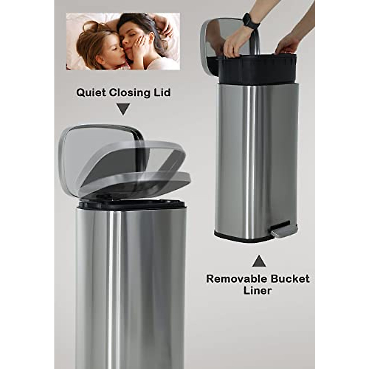 8 Gallon Kitchen Trash Can with Lid, Fingerprint-Proof Stainless Steel Trash Can Step-On Pedal Garbage Can with Removable Wastebasket for Office, Home and Kitchen, Soft Close, Recycle, 30 Liter
