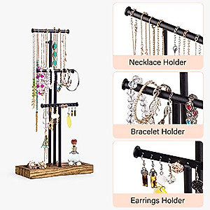 Love-KANKEI Jewelry Organizer Stand Metal & Wood Base and Large Storage Necklaces Bracelets Earrings Holder Organizer Black and Carbonized Black