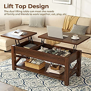 Rolanstar Coffee Table 47.2", 2 Way Lift Top Coffee Table with Hidden Compartment, Lift Top Coffee Table with Open Shelf & X Wooden Support, Farmhouse Center Table for Living Room, Espresso