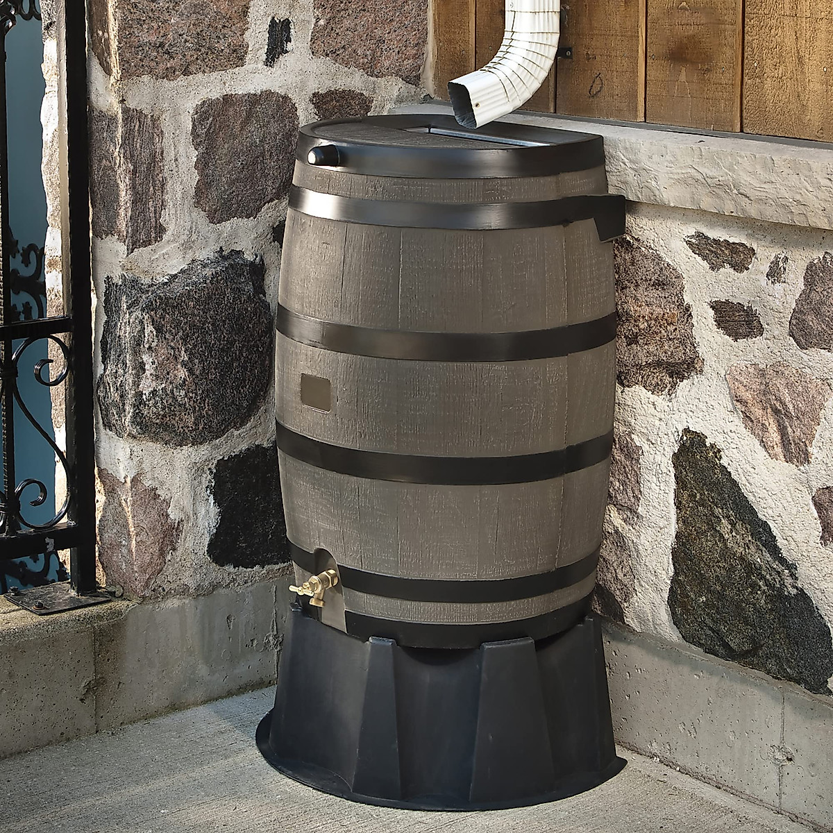 RTS Home Accents 551000655A5681, Woodgrain with Black Stripes Polyethylene 50 Gallon Flat Back Rain Barrel with Stand, Color