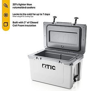 RTIC Ultra-Light 52 Quart Hard Cooler Insulated Portable Ice Chest Box for Beach, Drink, Beverage, Camping, Picnic, Fishing, Boat, Barbecue, 30% Lighter Than Rotomolded Coolers, White & Grey