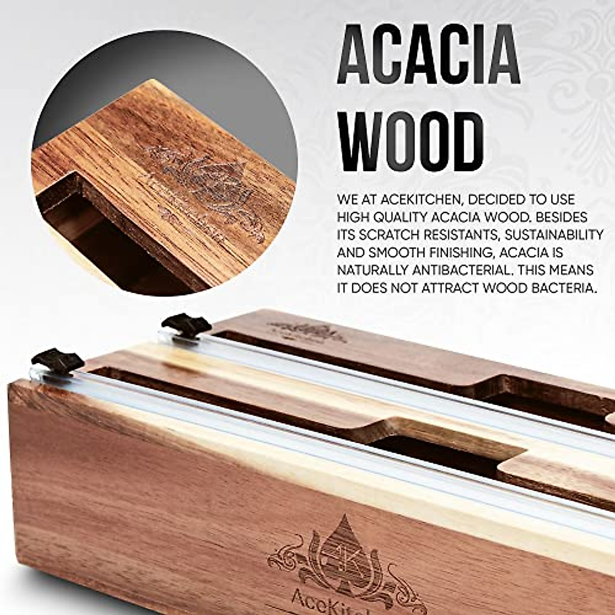 AceKitchen Foil and Plastic Wrap Organizer, 2 in 1 Wrap Dispenser with Cutters, Acacia Wood Organizer, Compatible with 12" Roll, 2 in 1 Wrap Dispenser, Aluminum Foil Dispenser for Kitchen Organization
