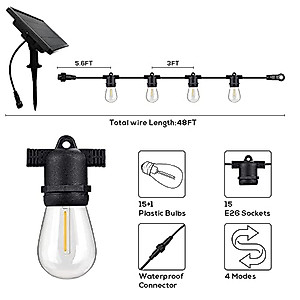 Banord 48ft Solar String Light Outdoor, USB Rechargeable Patio Solar Outdoor Lights with Waterproof & Shatterproof Solar Powered Bulbs Hanging Lights for Backyard, Porch, Garden, Cafe, Camping, Party
