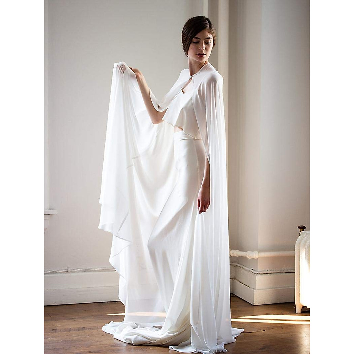 EllieHouse Long Chiffon Bridal Cape Wedding Veil Cloak For Bride White 3M