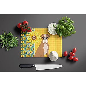 Caroline's Treasures WDK5340LCB Summer Sunflowers Natural Eared Fawn Boxer Glass Cutting Board Large Decorative Tempered Glass Kitchen Cutting and Serving Board Large Size Chopping Board
