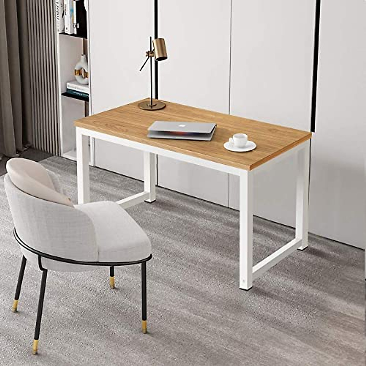 Coral Flower Modern Studio Collection Soho Computer Office Desk Simple Study Table Sturdy Writing Desk Workstation for Home Office, 47 Inch, Walnut with White Metal Frame
