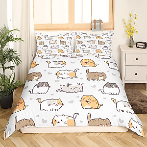 Erosebridal Cartoon Animal Bed Set Kawaii Cats Duvet Cover, Pet Kitten Bedding Set King, Cute Hearts Comforter Cover, Grey Gray Brown Orange Bed Cover Preppy Dorm Decor 3pcs