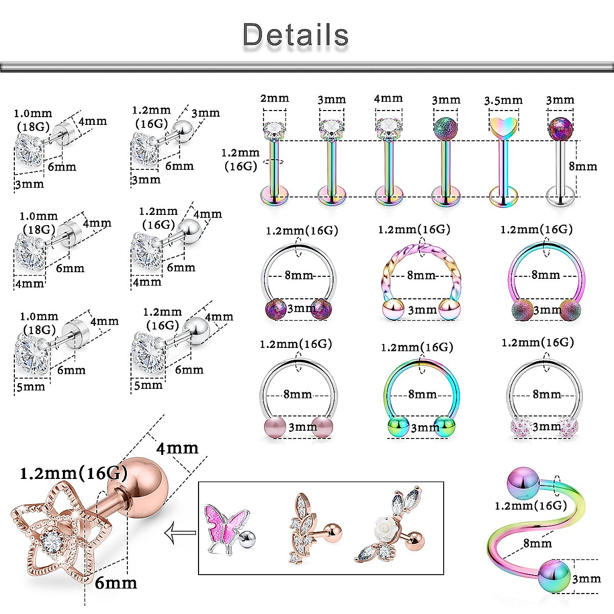 Yaalozei 16G Cartilage Helix Tragus Ear Earrings Stud Set Piercing Jewelry for Women 16 Gauge Stainless Surgical Steel Hypoallergenic Rook Daith Conch Earring Ring Hoop Piercings Jewelry Colorful Men