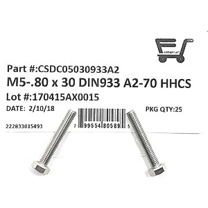 M5-.80 X 30 Hex Head Cap Screw Hex Bolts DIN933 (M5x30) Full Thread A2-70 Stainless Steel (25 Pieces)