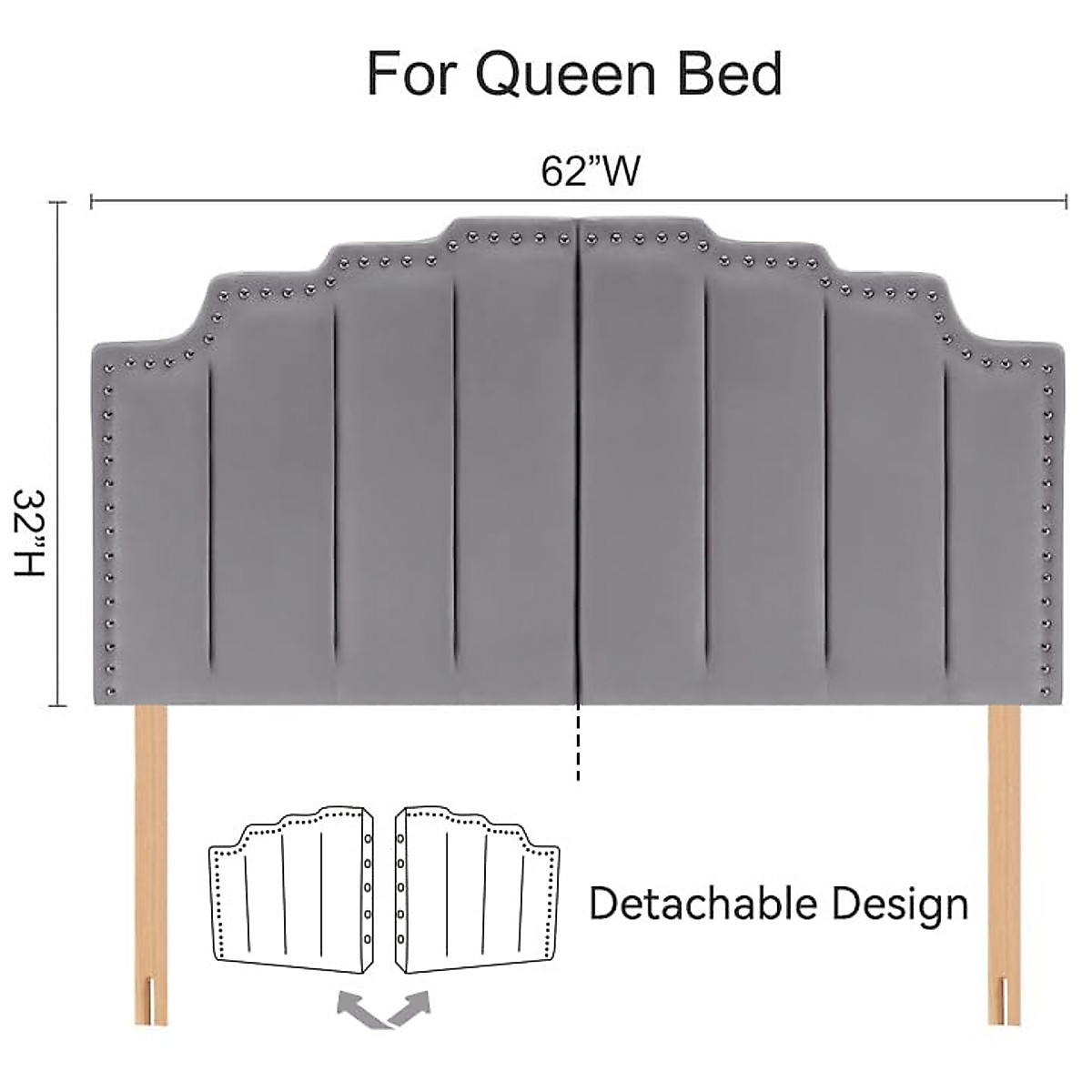 Kingfun Mid Century Headboard for Queen Size Bed, Velvet Upholstered Tufted Bed Headboard with Nailhead Decor, Adjustable Curved Solid Wood Head Board Vertical Channel Design (Medium Grey)