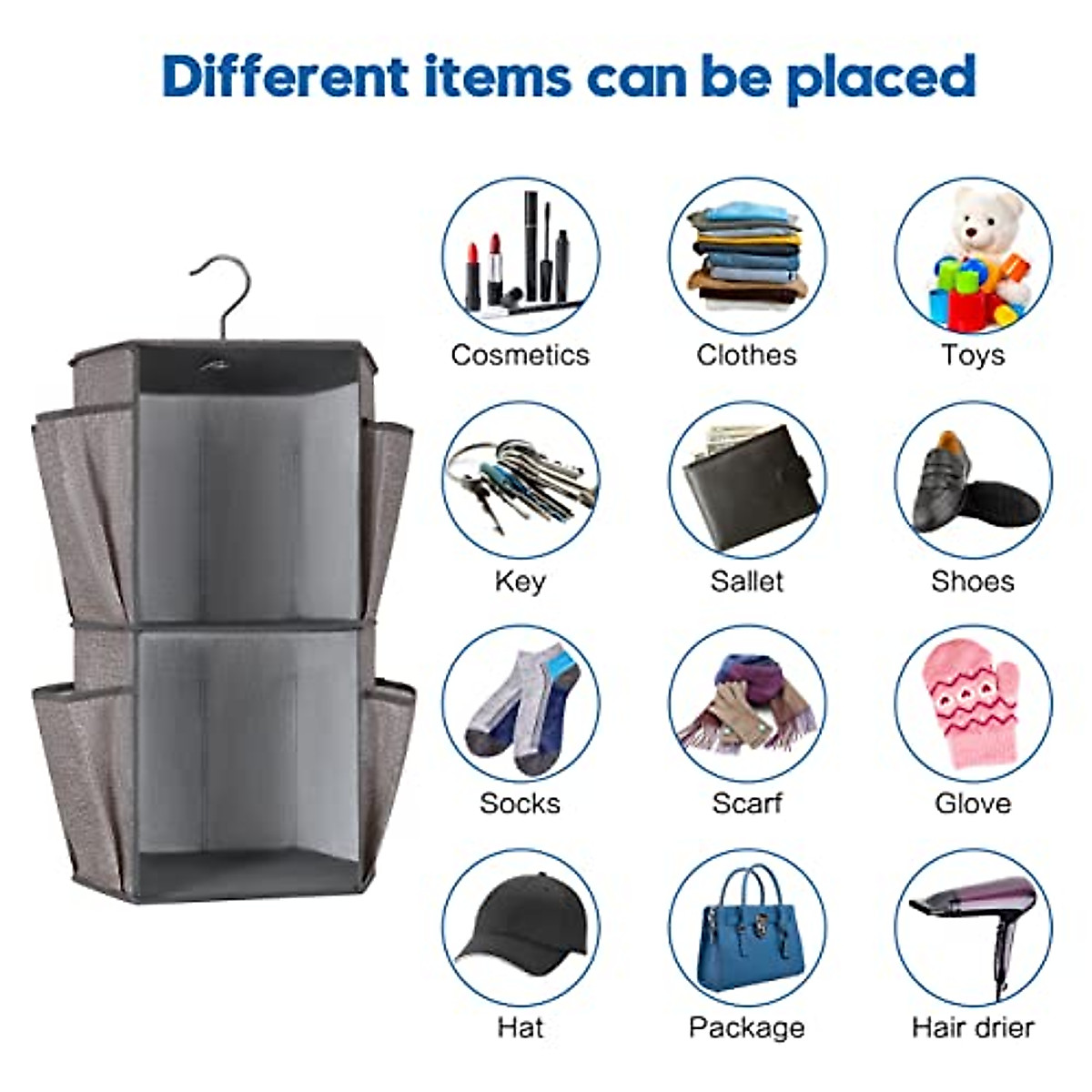 Libeder 2-Tier Rotating Closet Organizer, Hanging Closet Organizers and Storage with 12 Pockets, Closet Hanging Shelf Organizer, Shoe Organizer for Closet Small Space, Grey