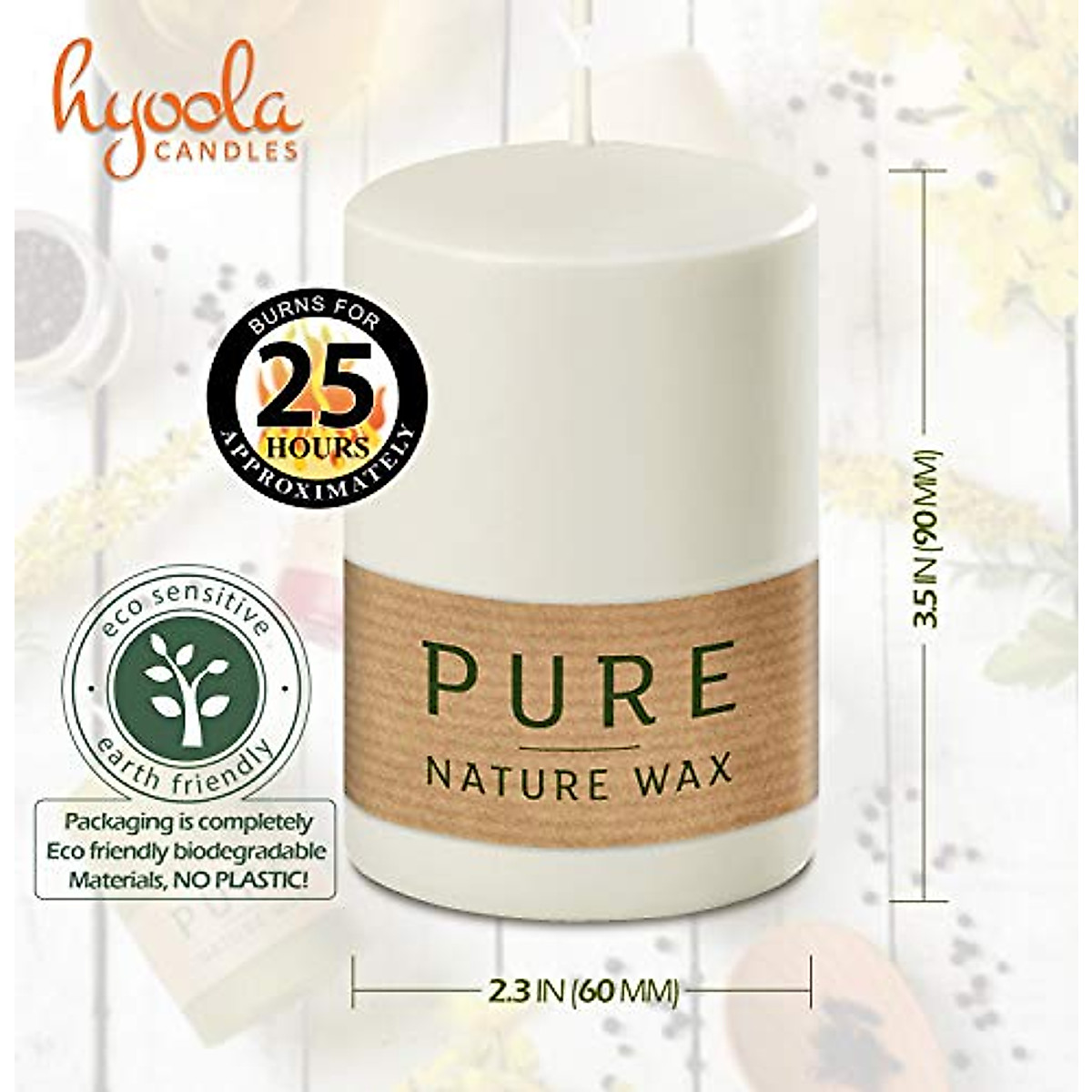 Hyoola Pure Natural Pillar Candles - Made of 100% Natural Wax - Paraffin Free - 2.3 x 3.5 Inch - White Pillar Candles - 4 Pack